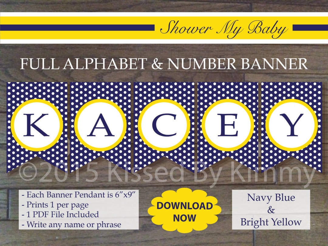 Navy & Yellow FULL ALPHABET and NUMBERS Banner - Printable Banner- Navy ...