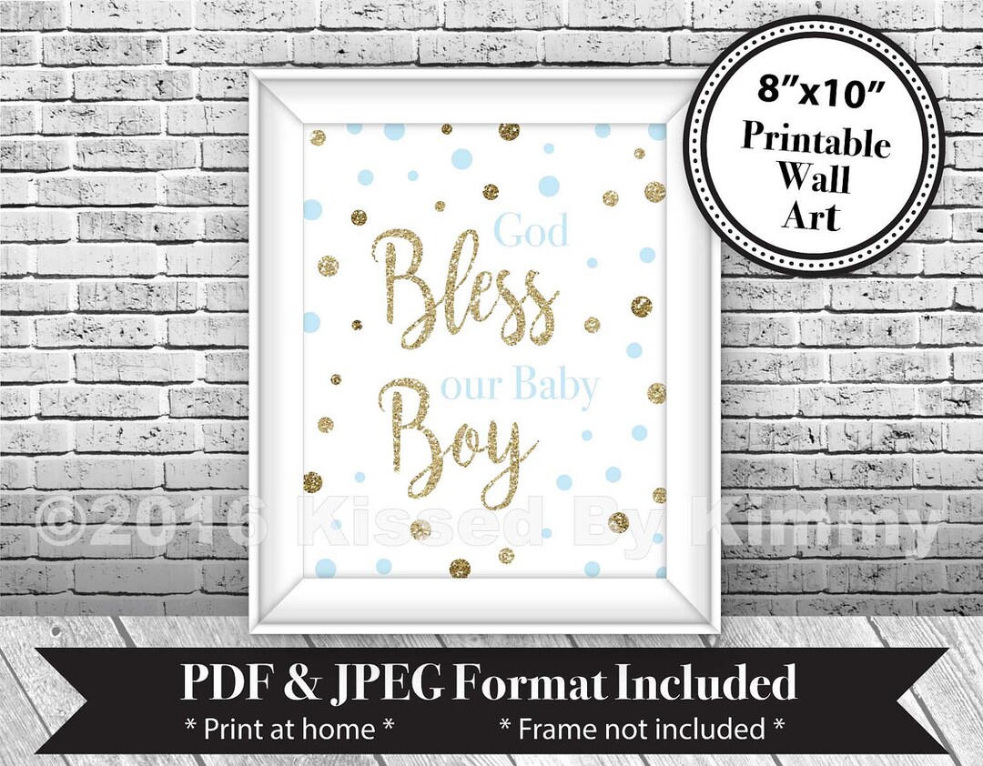 Blue & Gold Baby Wall Art - God Bless Our Baby Boy- Printable Christian ...