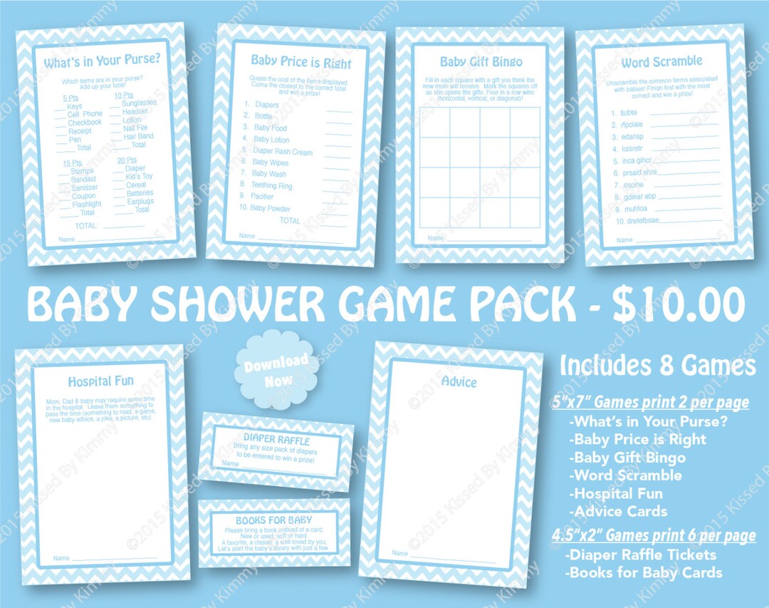 Blue Baby Shower Game Pack - PRINTABLE Boy Baby Shower Games 8 Pack ...