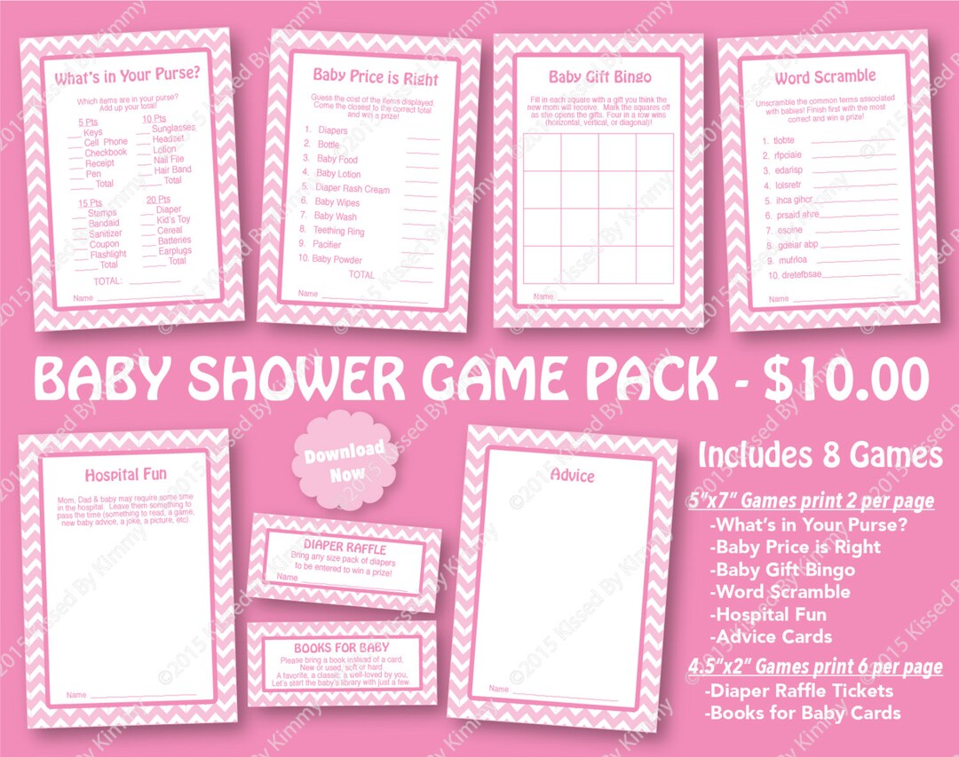 Pink Baby Shower Game Pack - PRINTABLE Girl Baby Shower Games 8 Pack ...