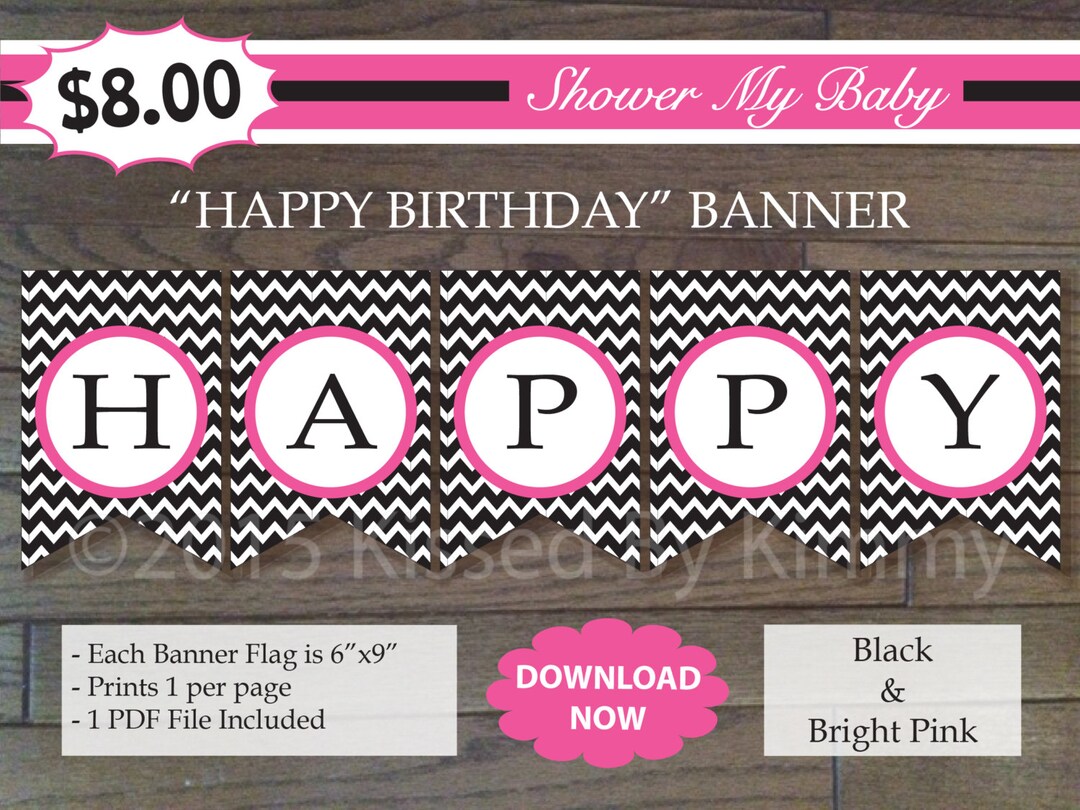 75% off SALE- Pink and Black HAPPY BIRTHDAY Banner - Printable Birthday ...
