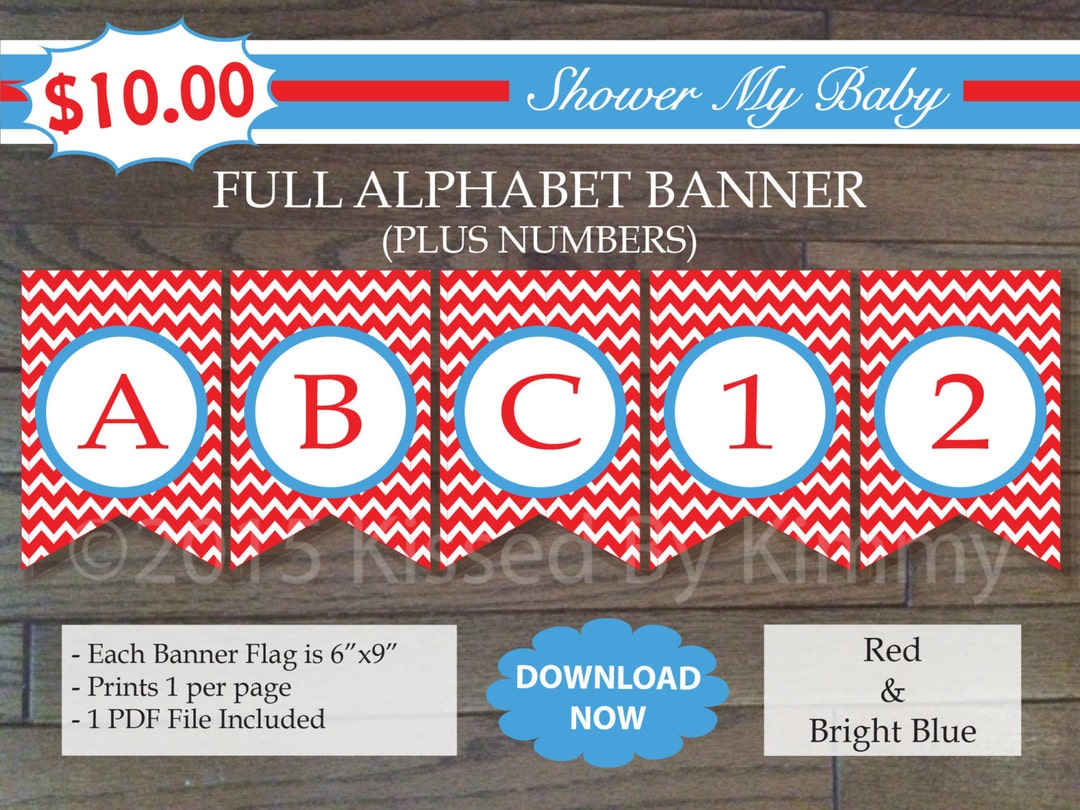 40% off SALE- Red and Blue FULL ALPHABET (+ Numbers) Banner - Printable ...
