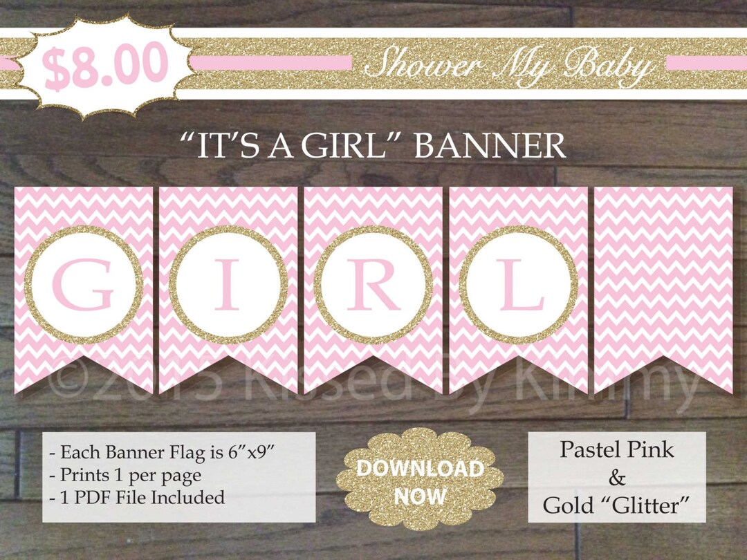 Pink & Gold Glitter IT'S A GIRL Banner - 50% off - Printable Baby ...