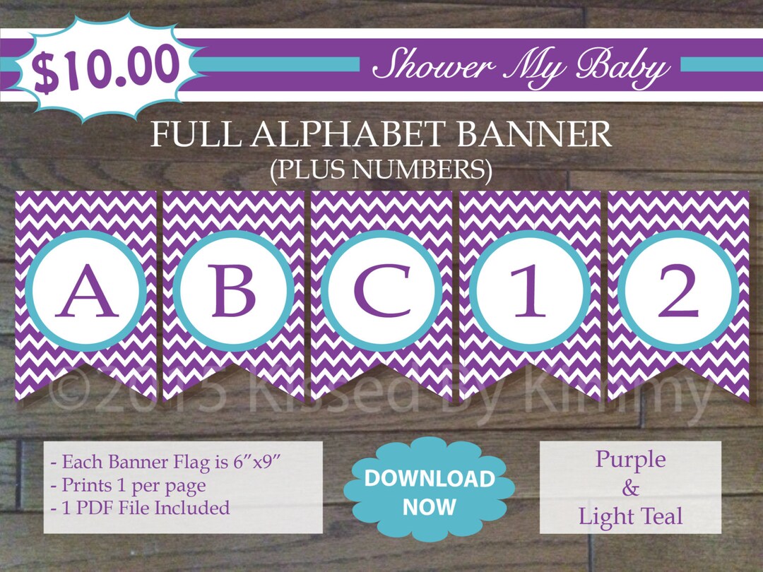 50% off SALE- Purple & Teal Baby Shower - FULL ALPHABET + Numbers ...