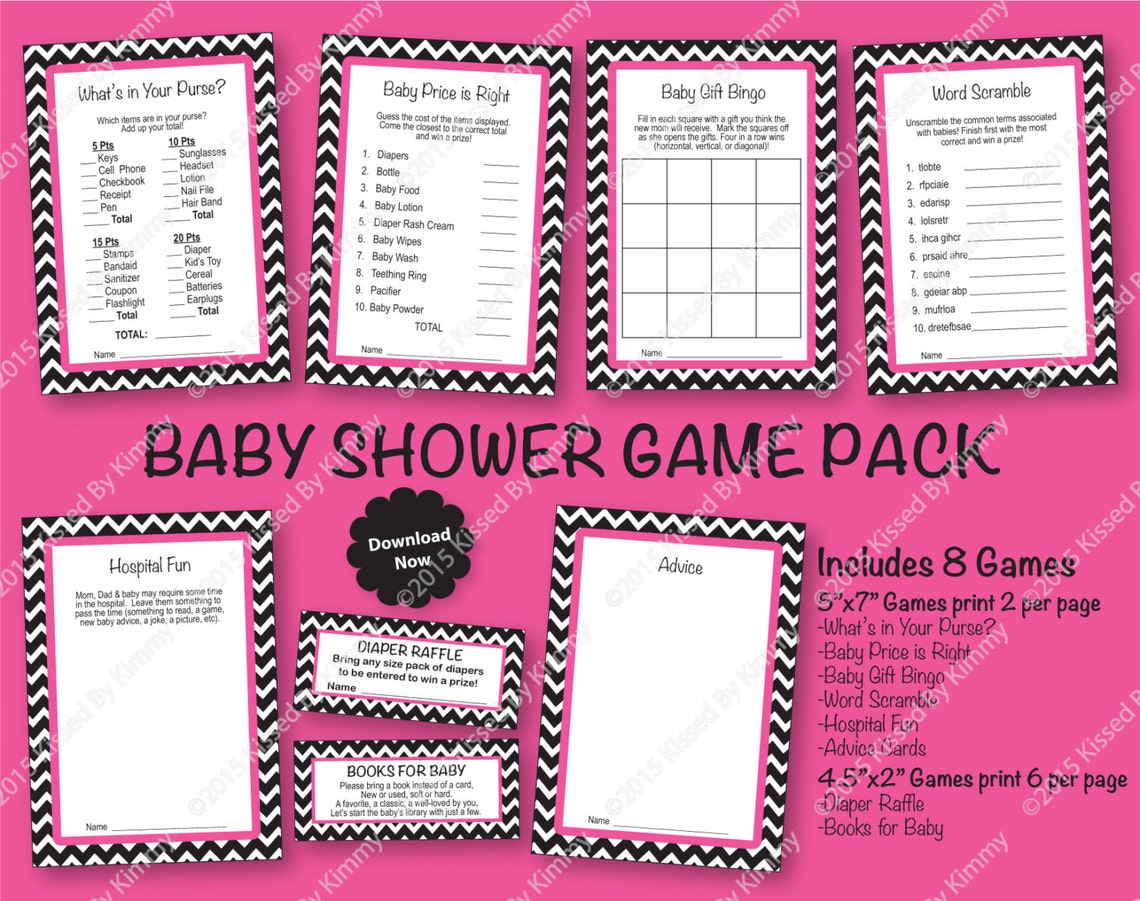 Pink Baby Shower Game Pack PRINTABLE Shower Games-8 Pack Black Bright ...