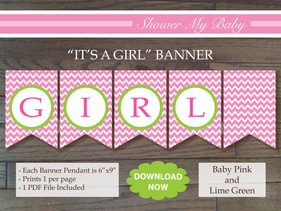 IT'S A GIRL Banner - Printable Baby Girl Shower Banner- Baby Pink Lime ...