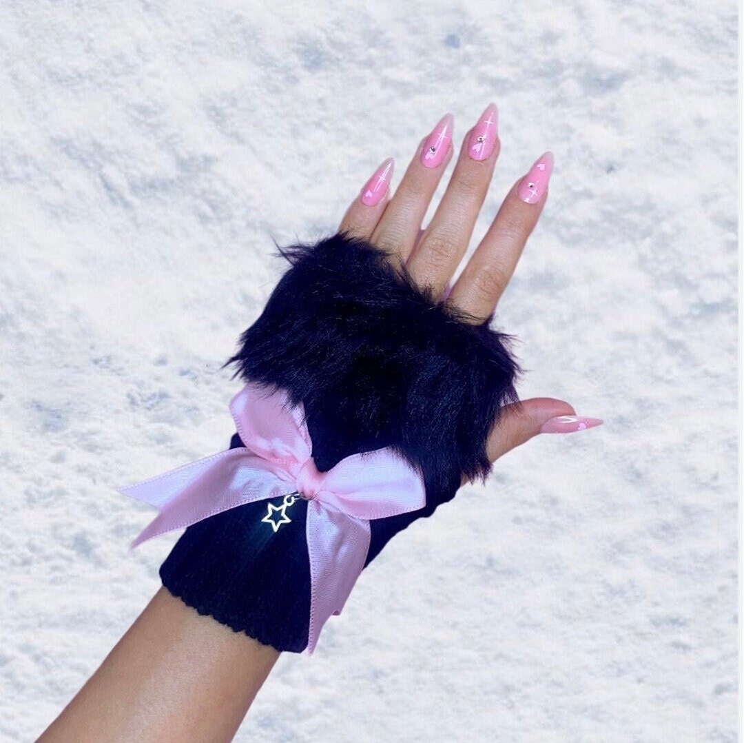 Snow Bunny Black Faux Fur Fingerless Gloves Dollette - Etsy