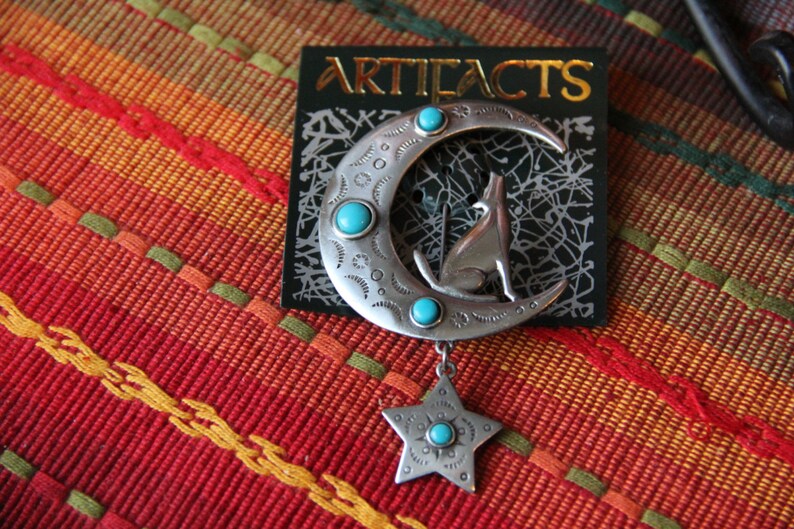 Vintage JJ Jonette Coyote Moon Turquoise Brooch, 1988 Southwestern Pin ...