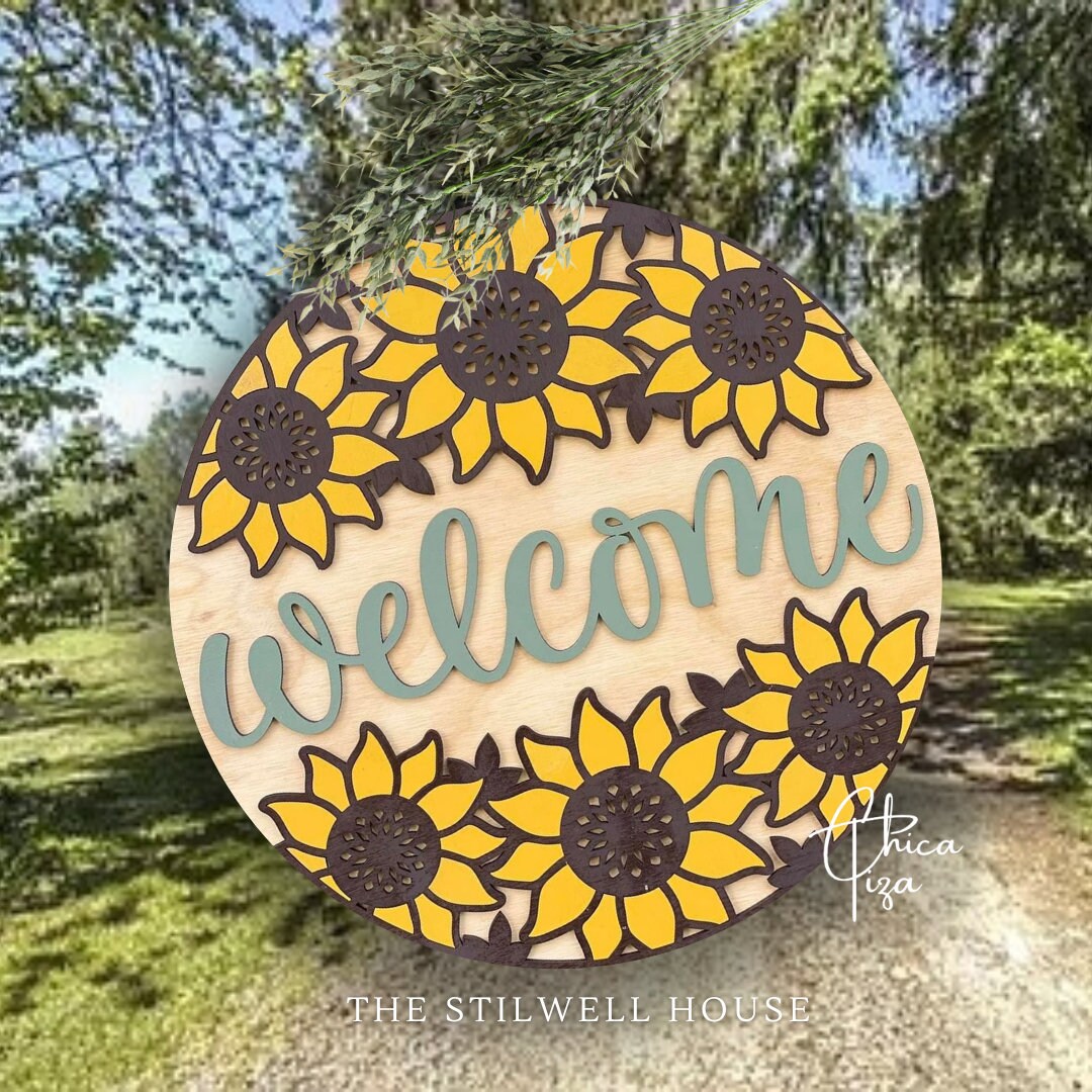 Welcome Sunflower Chain Round Wood Door Sign Hanger - Etsy