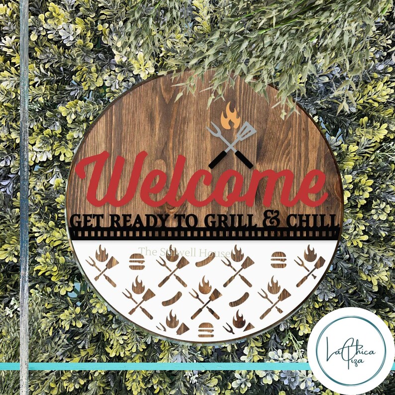 Grill and Chill - Round Wood Door Sign | Hanger | Chicatiza - Etsy