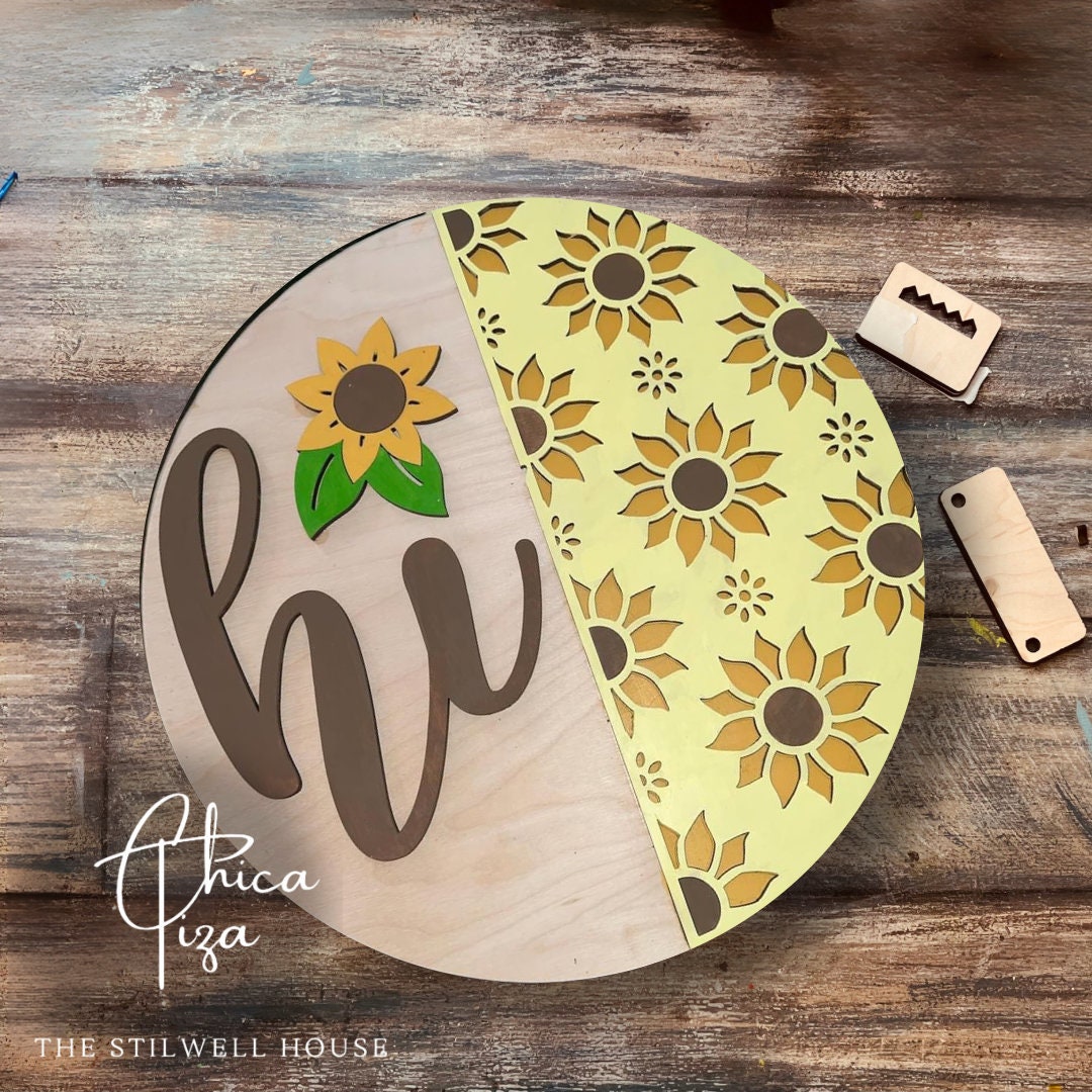 Hi Sunflower - Round Wood Door Sign | Hanger | Chicatiza - Etsy