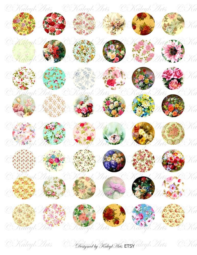 Romantic, Flowers, Circles, Cabochon, Stickers, Digital, Glass Resin ...