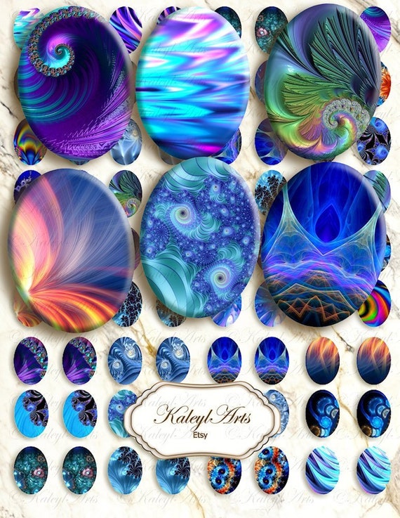 Printable blue fractal design oval 30 x 40 mm images | Etsy