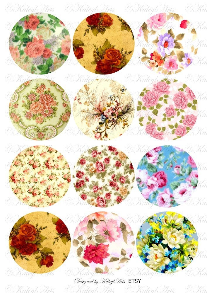 Romantic, Flowers, Circles, Cabochon, Stickers, Digital, Glass Resin ...