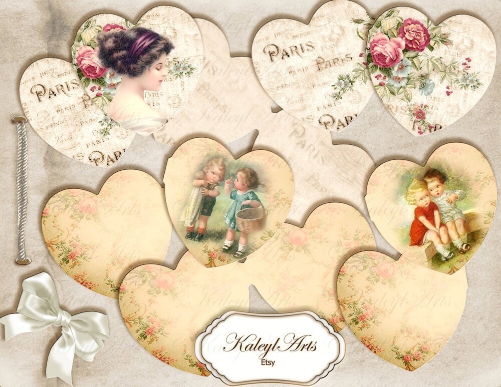 Printable, Foldable, Small Cards, Heart, Vintage, Journal, Romantic ...