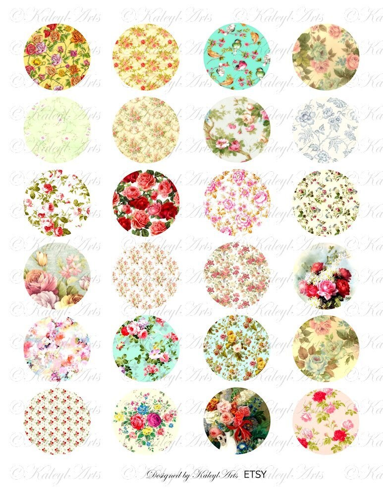 Romantic, Flowers, Circles, Cabochon, Stickers, Digital, Glass Resin ...