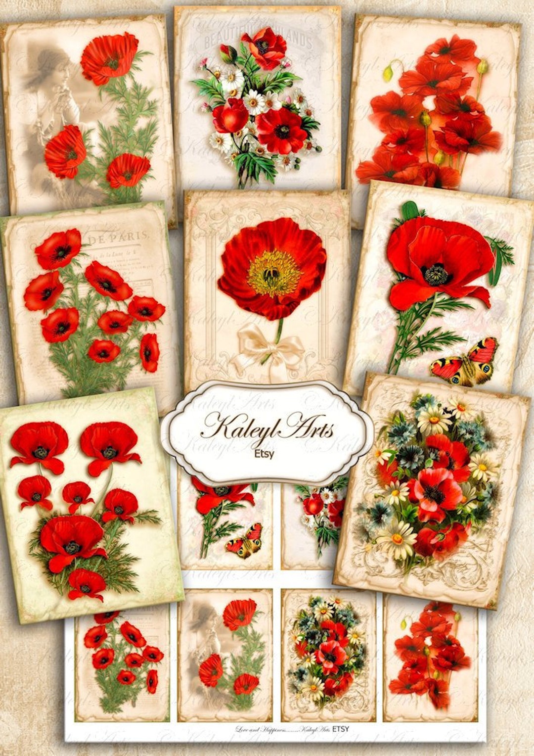 Poppy, Poppy Flower, Printable, Ephemera, Cards, ATC, B6,scrapbook ...