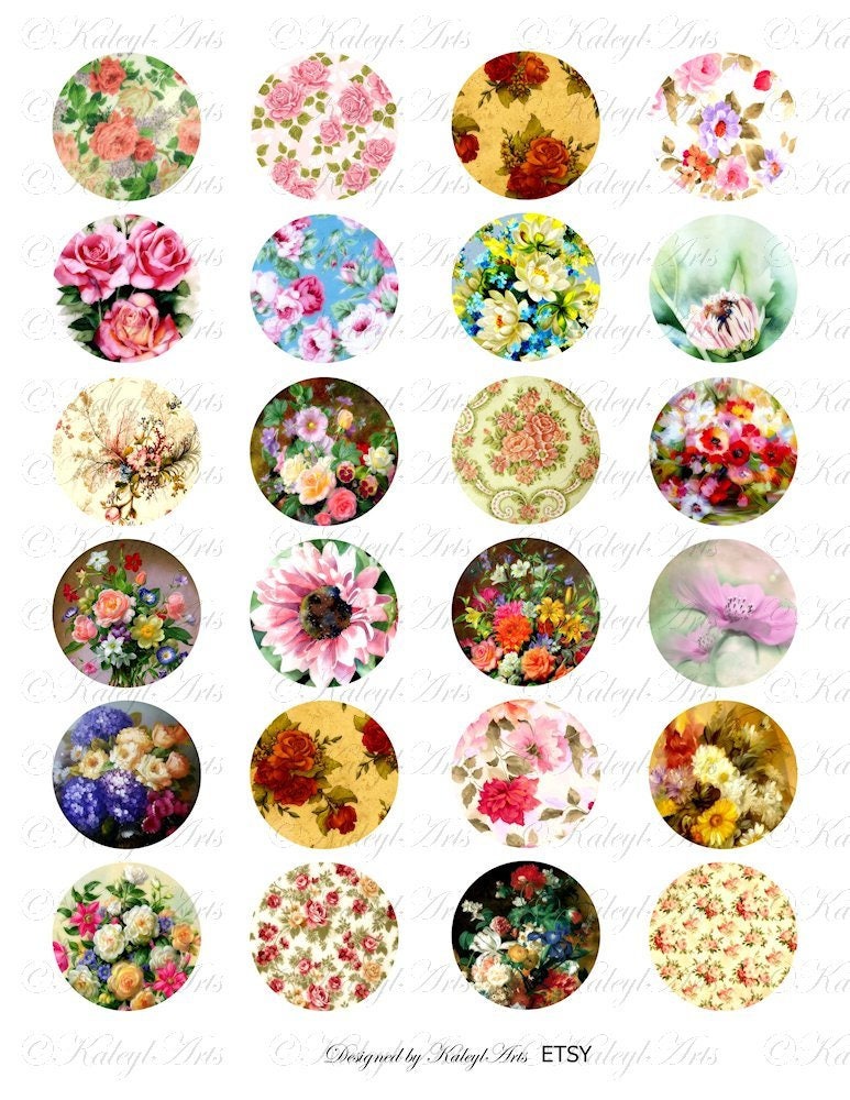 Romantic, Flowers, Circles, Cabochon, Stickers, Digital, Glass Resin ...