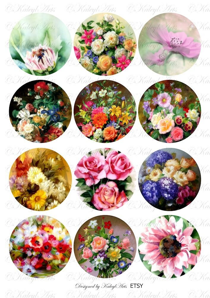 Romantic, Flowers, Circles, Cabochon, Stickers, Digital, Glass Resin ...
