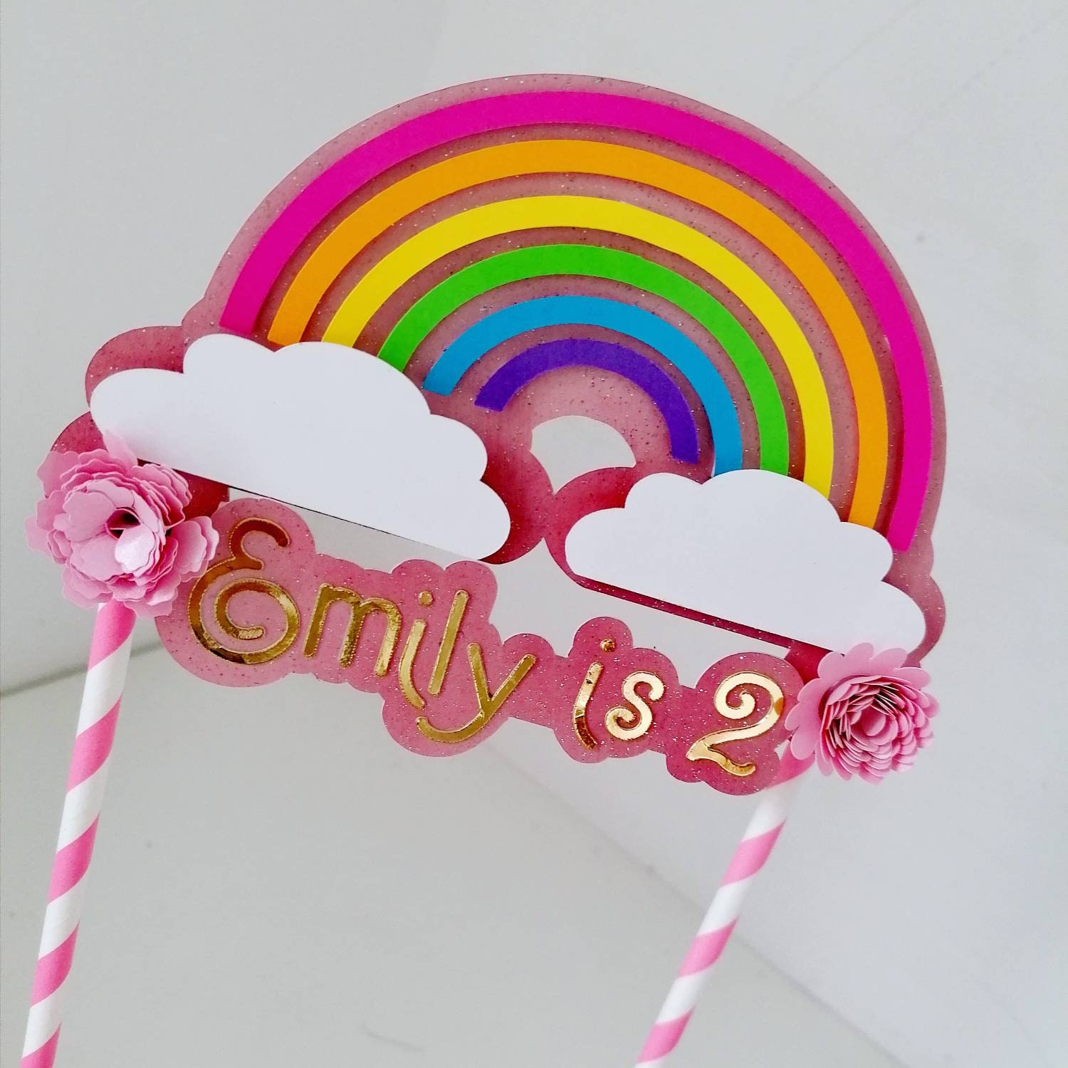 Rainbow clouds pastel personalised cake topper | Etsy