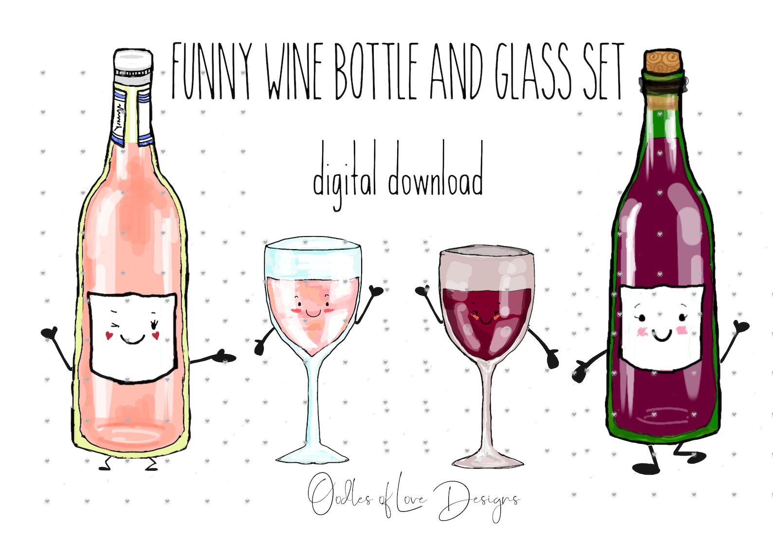 Cute Wine Bottle and Glass Set, Funny Wine Clipart Set, Digital ...