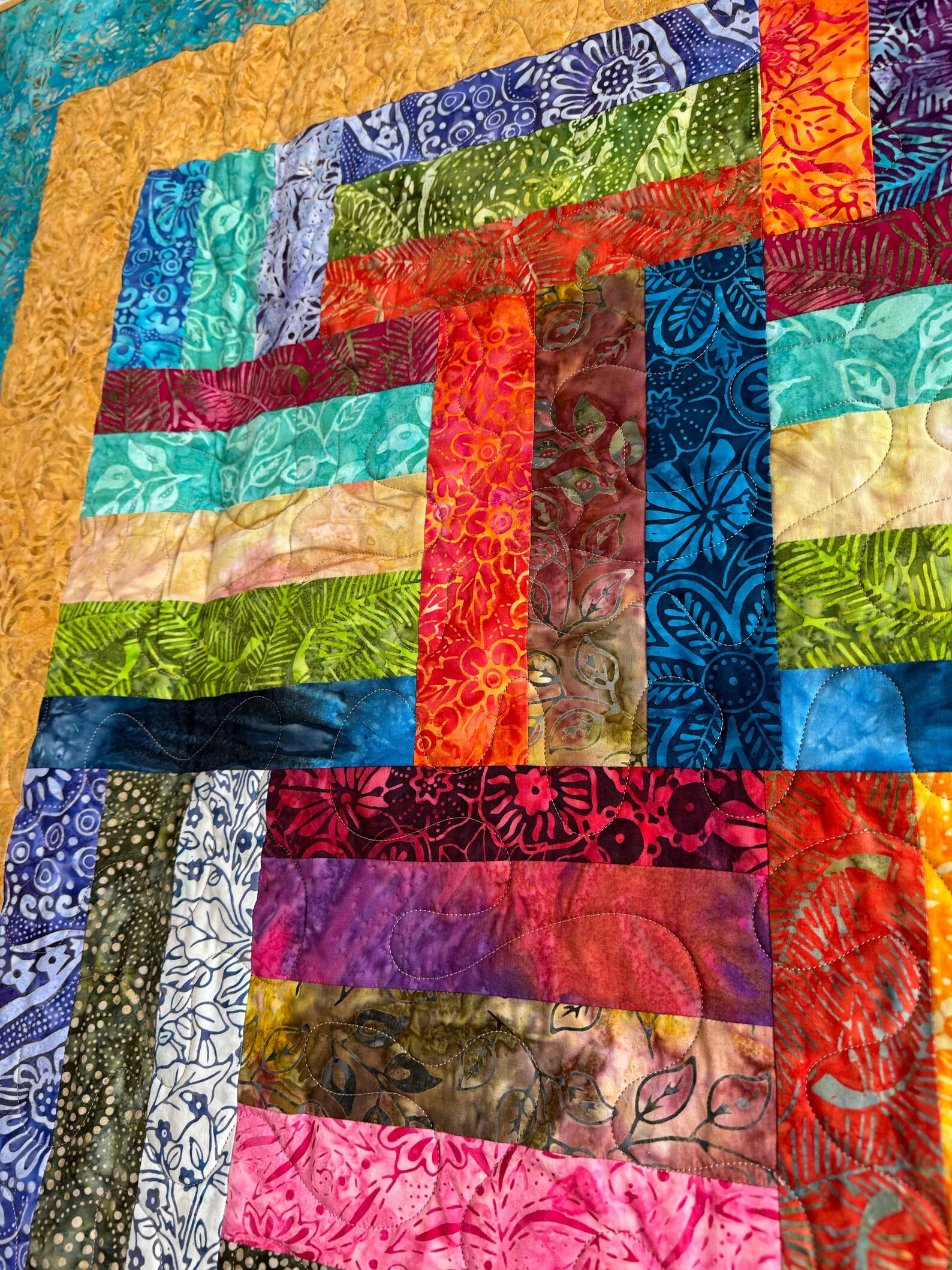 Teal and Gold Batik Quilt-wall Hanging-throw 76" X 80" Rail Fence ...