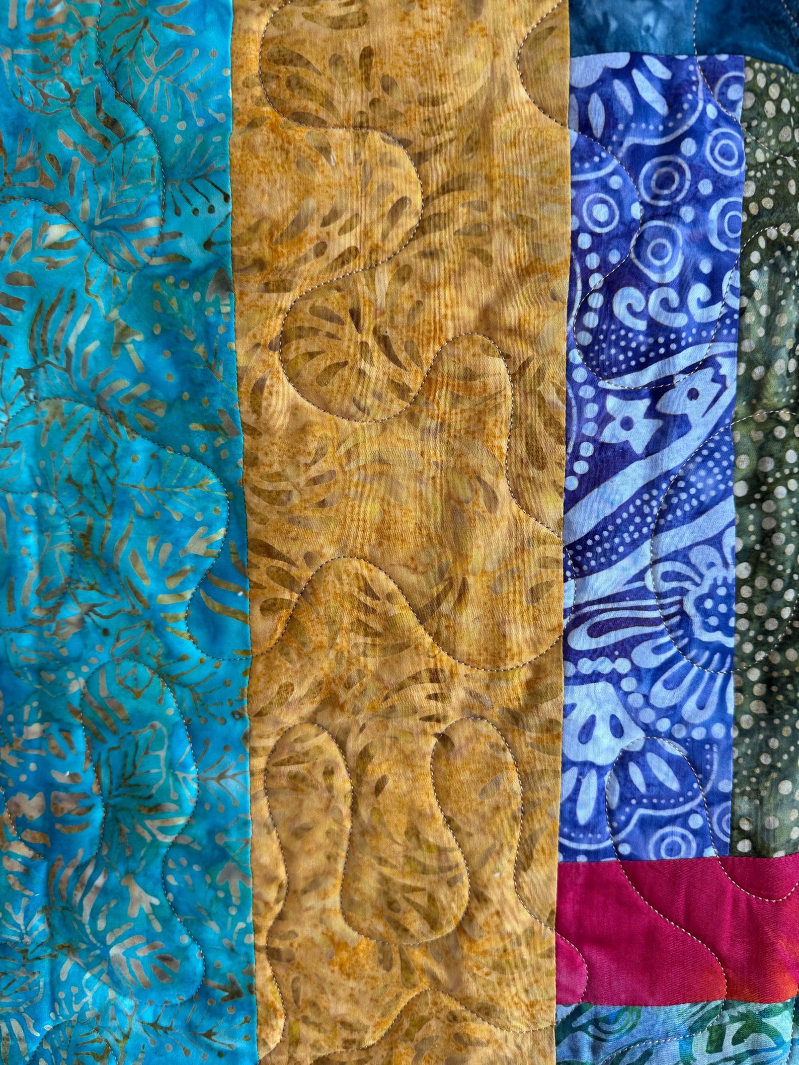 Teal and Gold Batik Quilt-wall Hanging-throw 76" X 80" Rail Fence ...