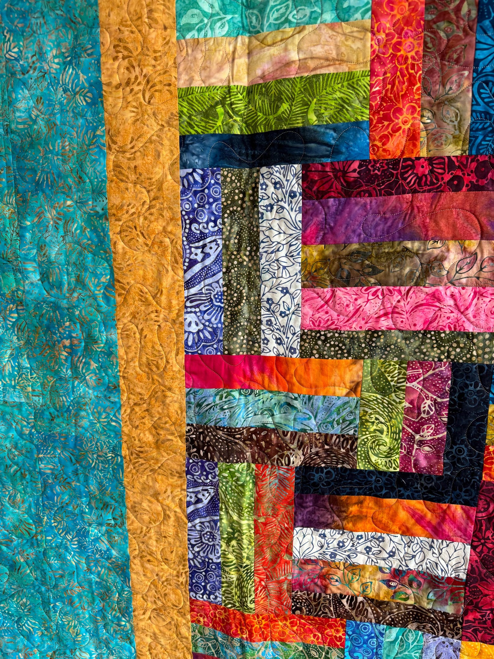 Teal and Gold Batik Quilt-wall Hanging-throw 76" X 80" Rail Fence ...