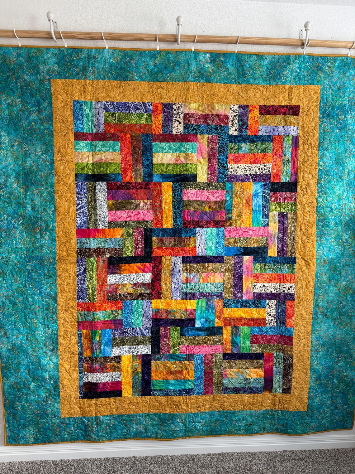 Teal and Gold Batik Quilt-wall Hanging-throw 76" X 80" Rail Fence ...