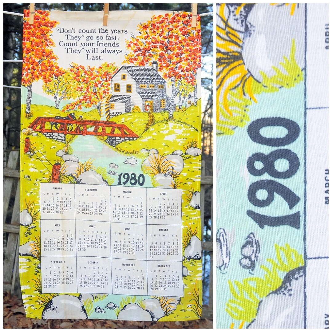 VTG 1980 'count Your Friends' Calendar Towel / Watermill in Fall / Full ...
