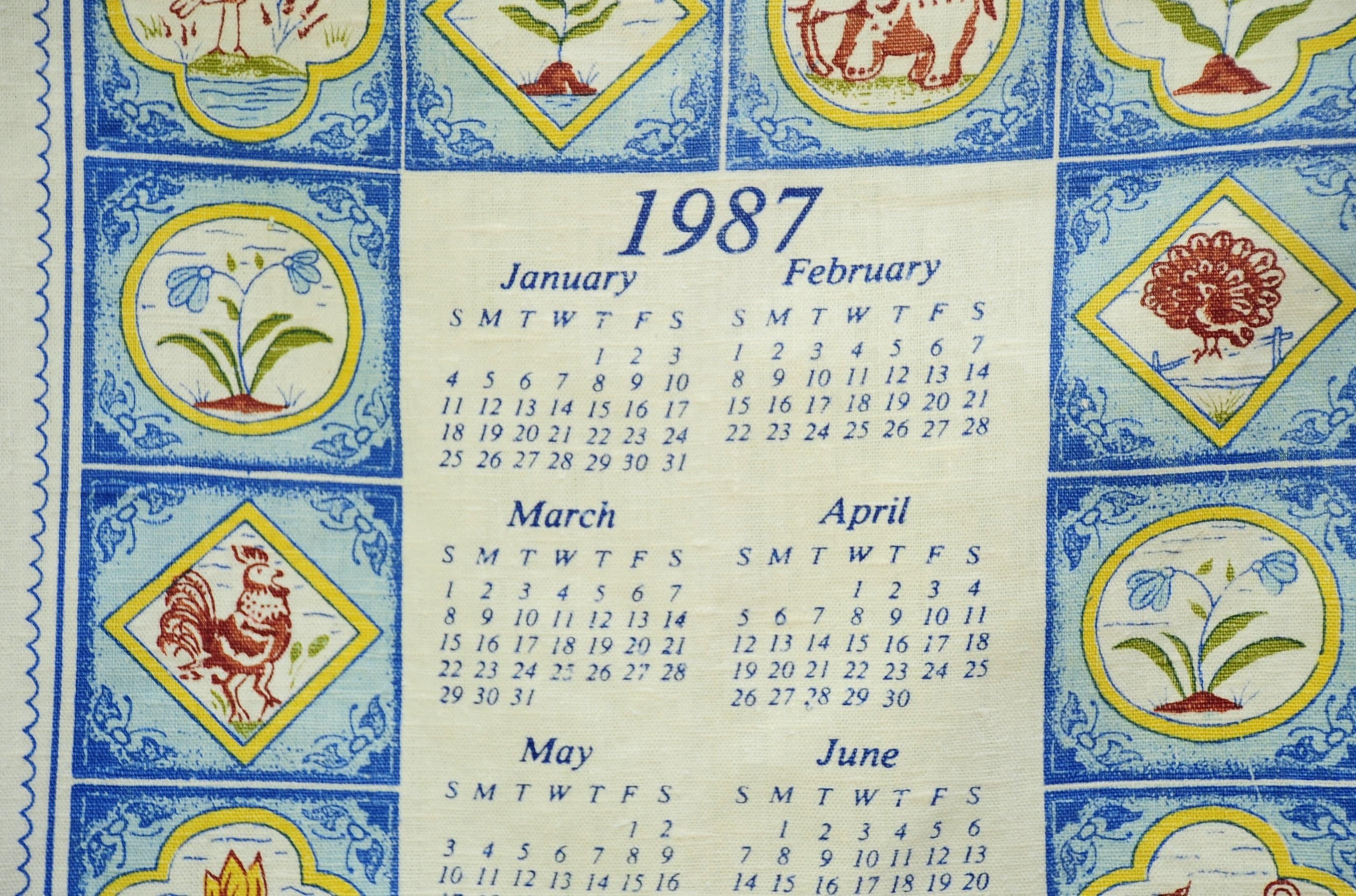 Vintage 1987 Calendar Towel / Blue Decorative Squares With Swan Flowers ...