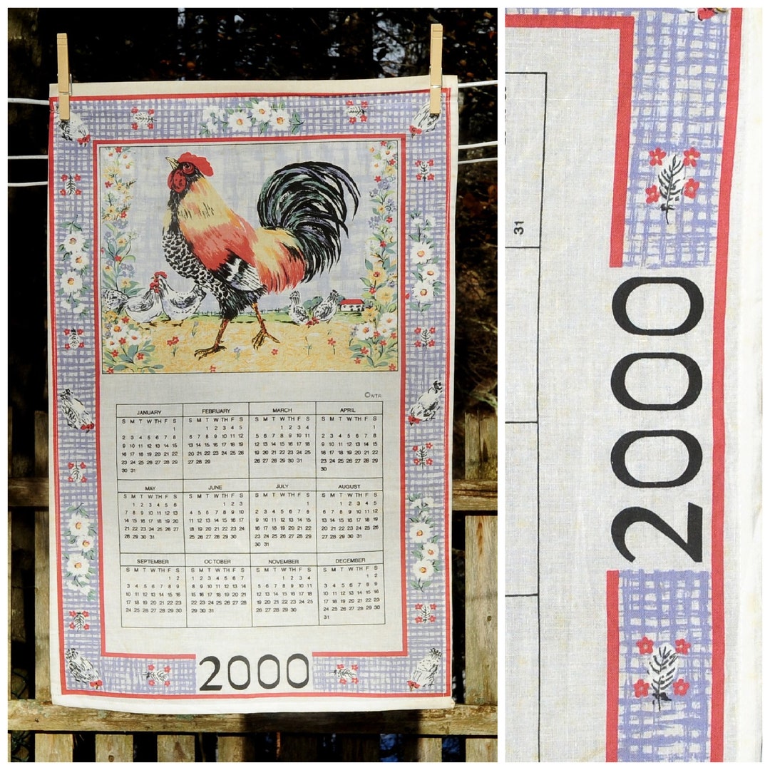 Vintage 2000 / Farmyard Rooster Calendar Towel / Blue Check Border ...