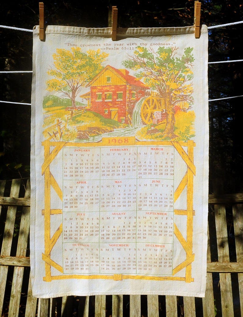 Vintage 1968 Calendar Towel / Psalm 65:11 / Watermill in Autumn ...