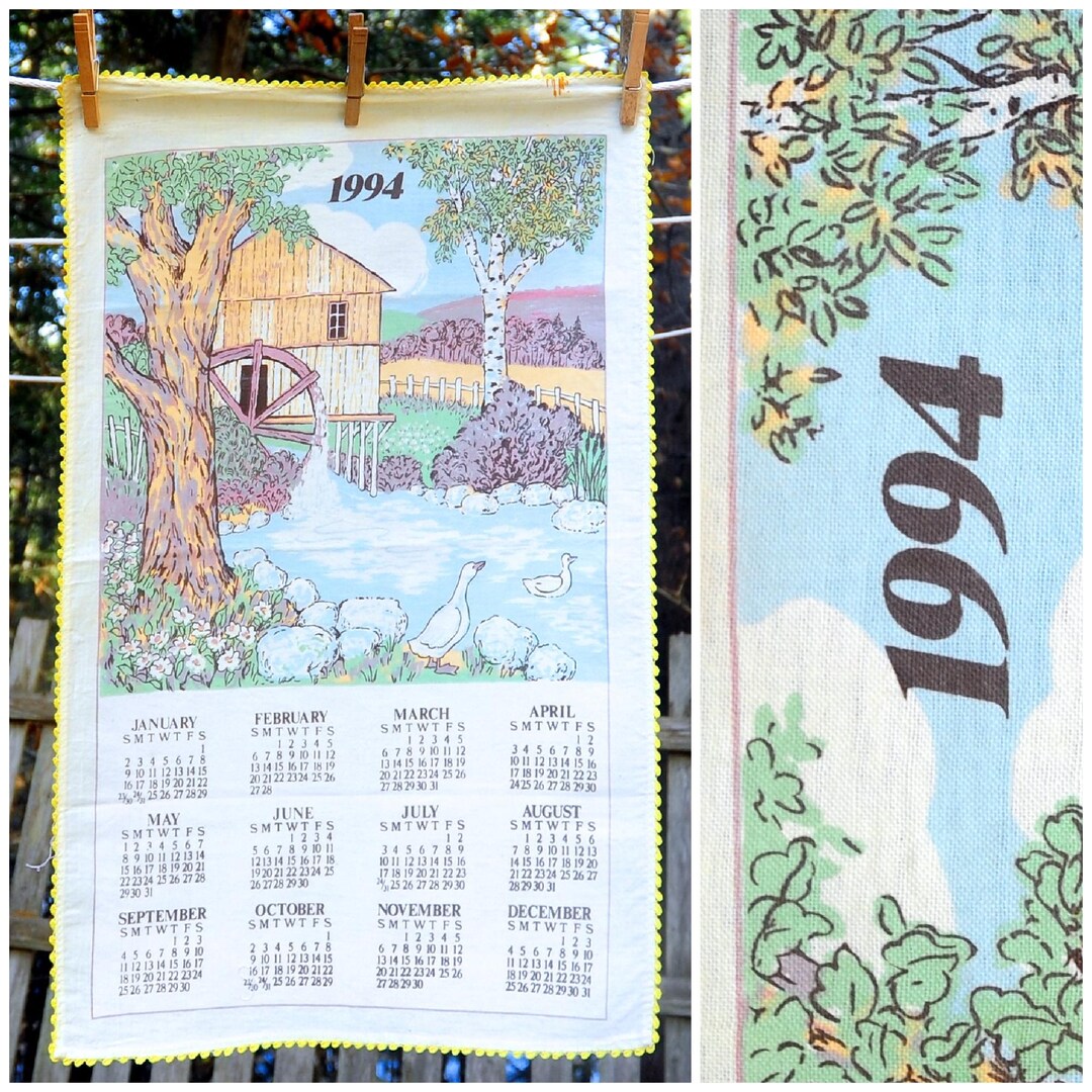 VTG 1994 Calendar Towel / River Watermill With Ducks & Trees / Crochet ...