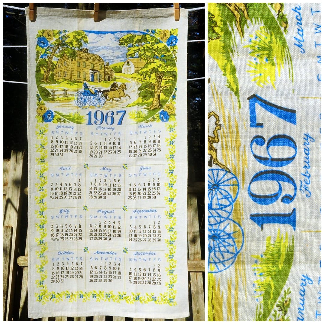 VTG 1967 Calendar Towel / Colonial Horse & Buggy in Summer / Birthday ...
