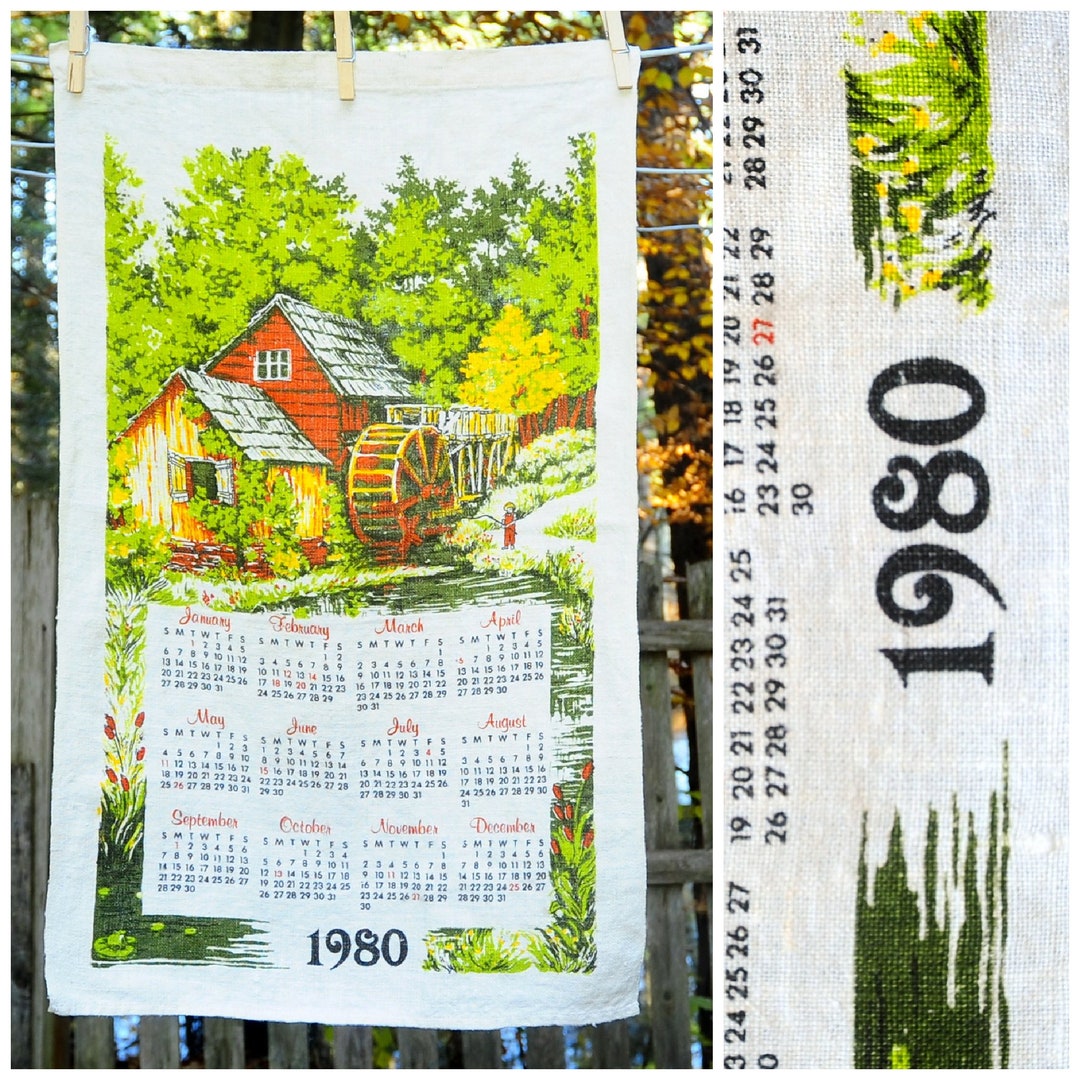 VTG 1980 Watermill With Boy Fishing in Summer / Calendar Tea Towel ...
