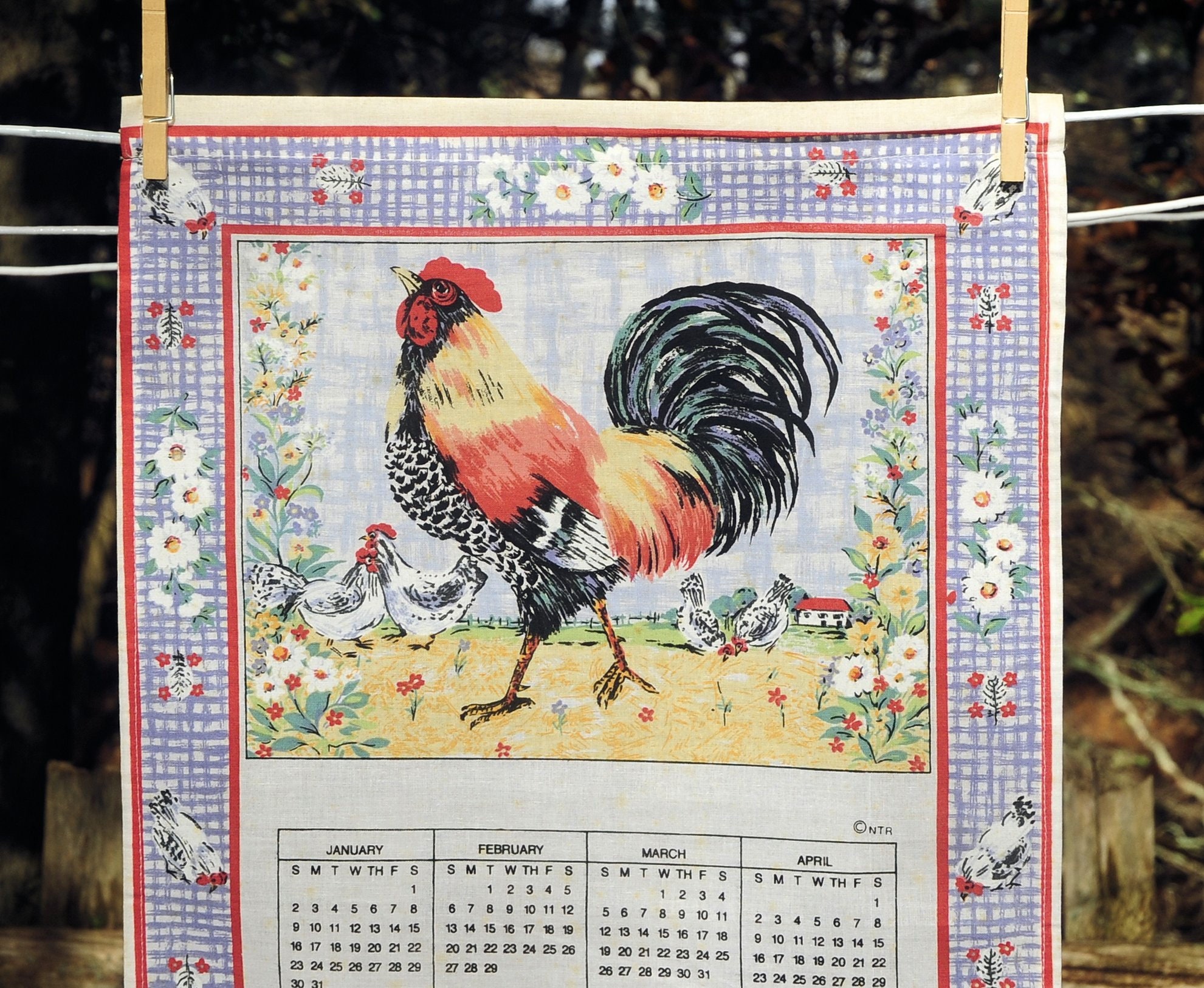 Vintage 2000 / Farmyard Rooster Calendar Towel / Blue Check - Etsy