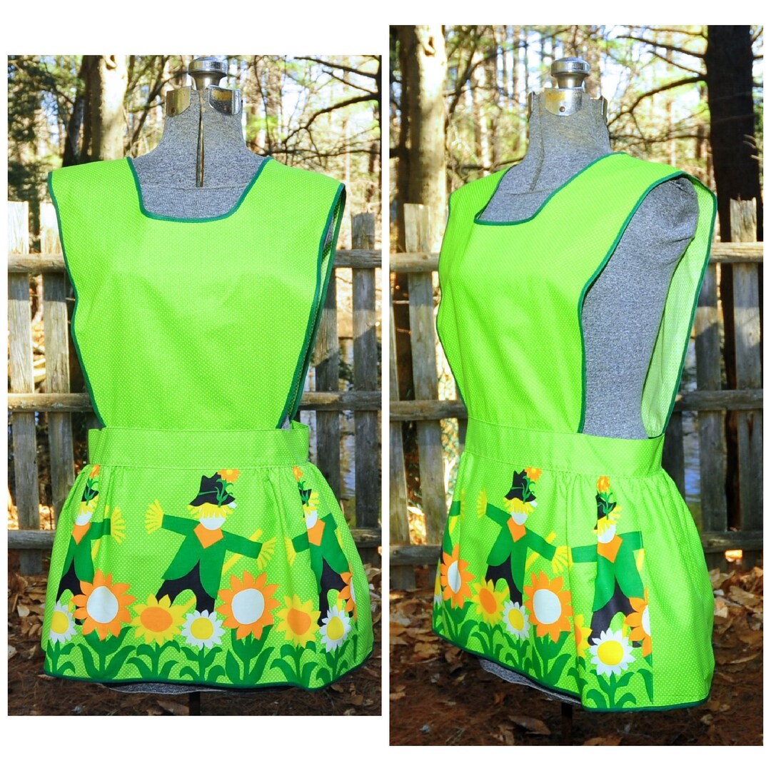 VTG 60's / Scarecrow & Sunflower Full Smock Apron With Pockets / Lime ...