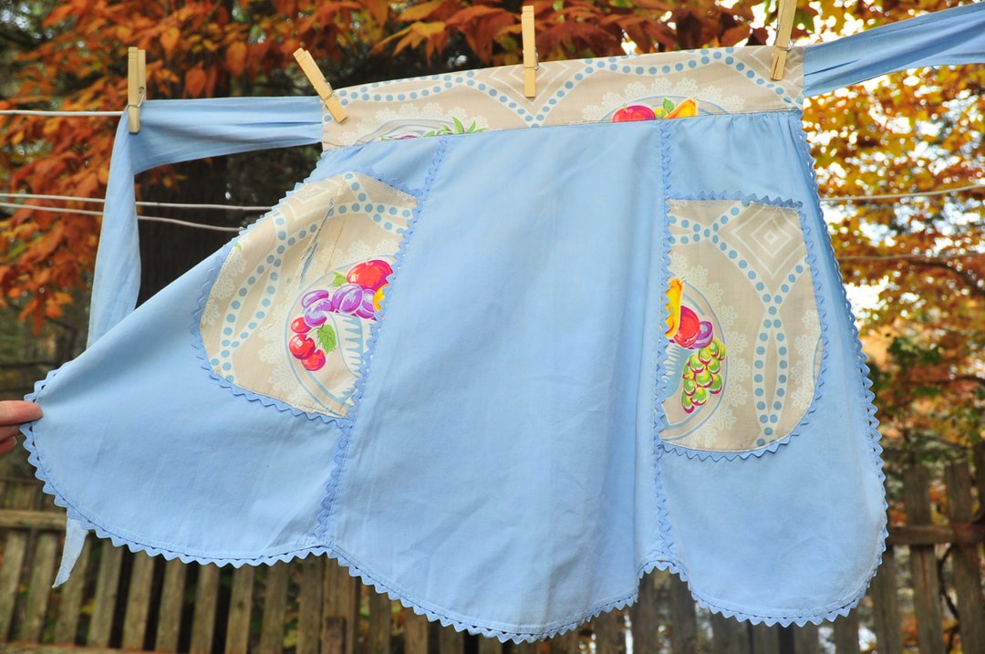 VTG 60's / Cottagecore Baby Blue Hostess Apron / Fruit Print Pockets ...