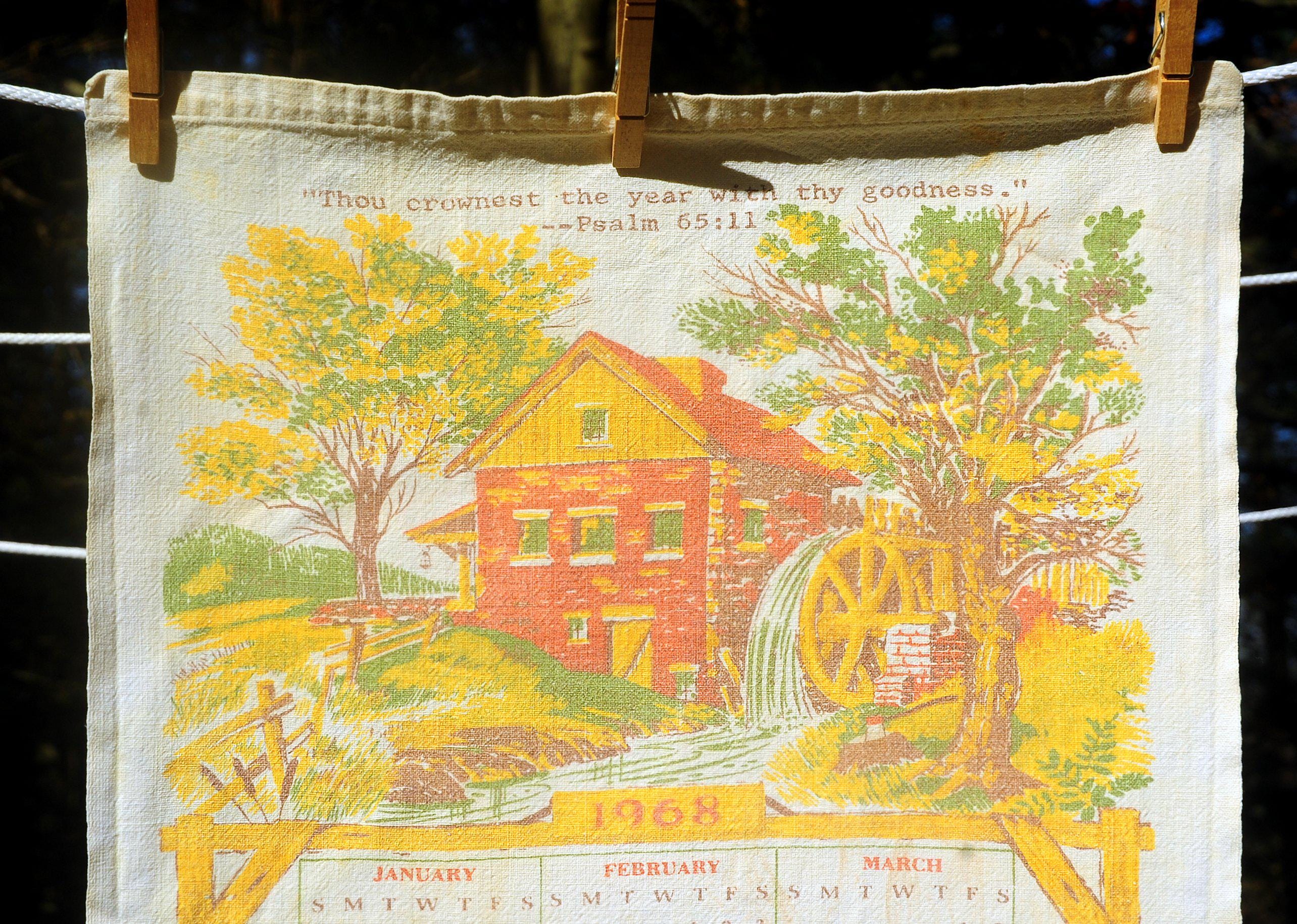 Vintage 1968 Calendar Towel / Psalm 65:11 / Watermill in Autumn ...