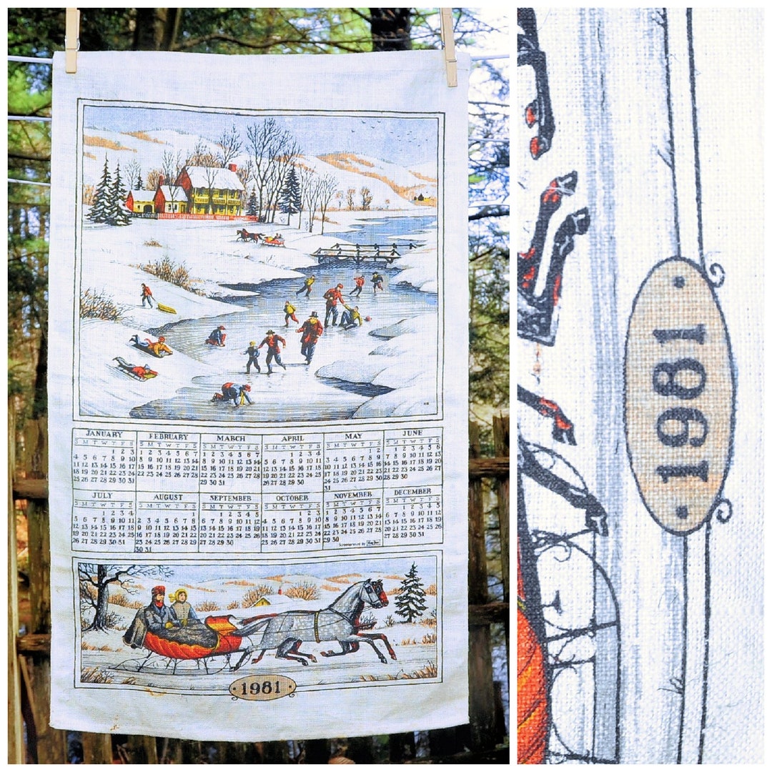 VTG 1981 / Colonial Winter Scene Calendar Towel / Horse & Buggy ...