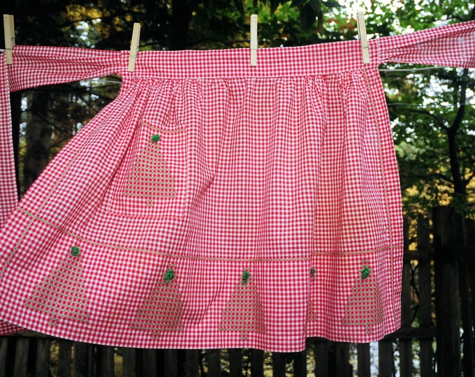 VTG 1960's / Christmas Half Apron / Red Gingham Check With Christmas ...