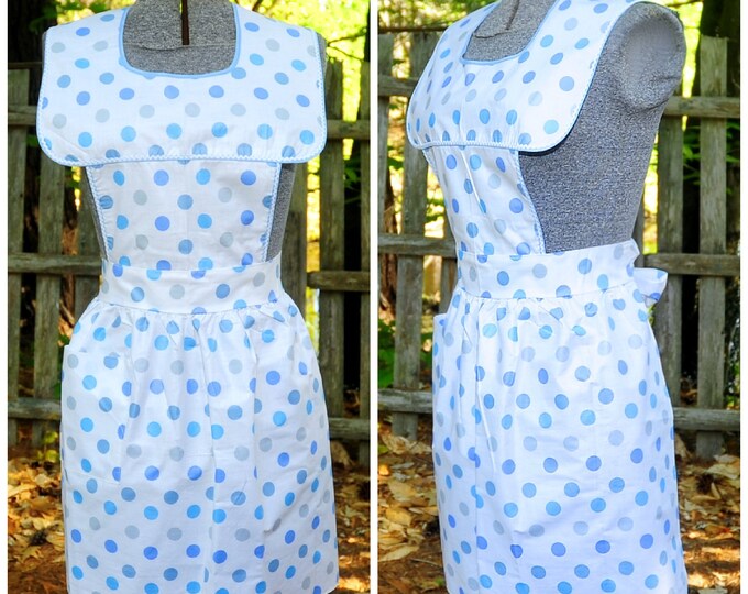 Vintage 60's / NOS Blue & Gray Polka Dot Print Full Bib Apron ...
