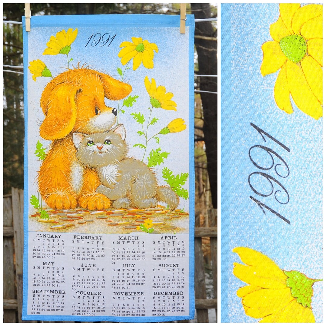 VTG 1991 / Cute Puppy, Kitten & Daisies Calendar Towel / Bright Colors ...