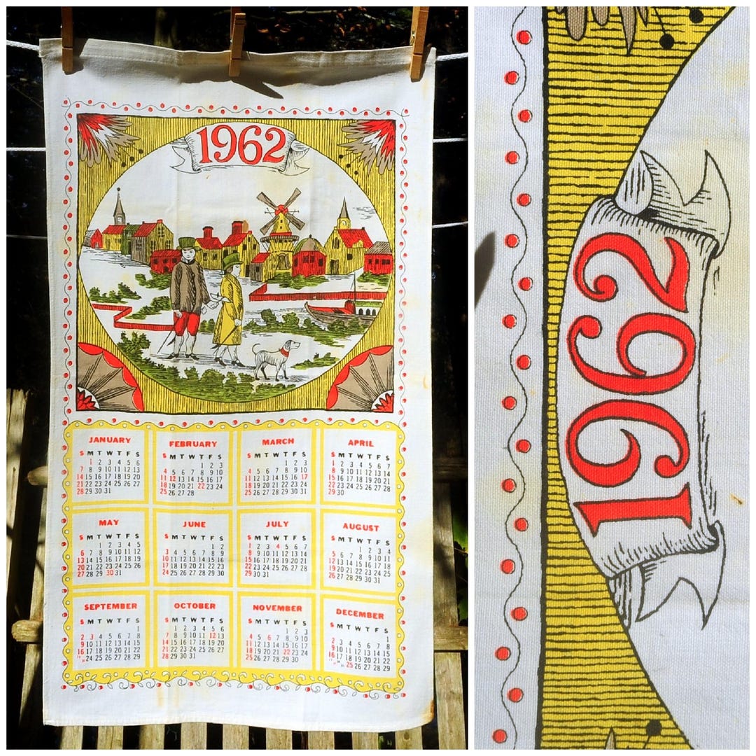 VTG 1962 Calendar Towel / Dutch Couple Walking Dog by Canal / Birthday ...