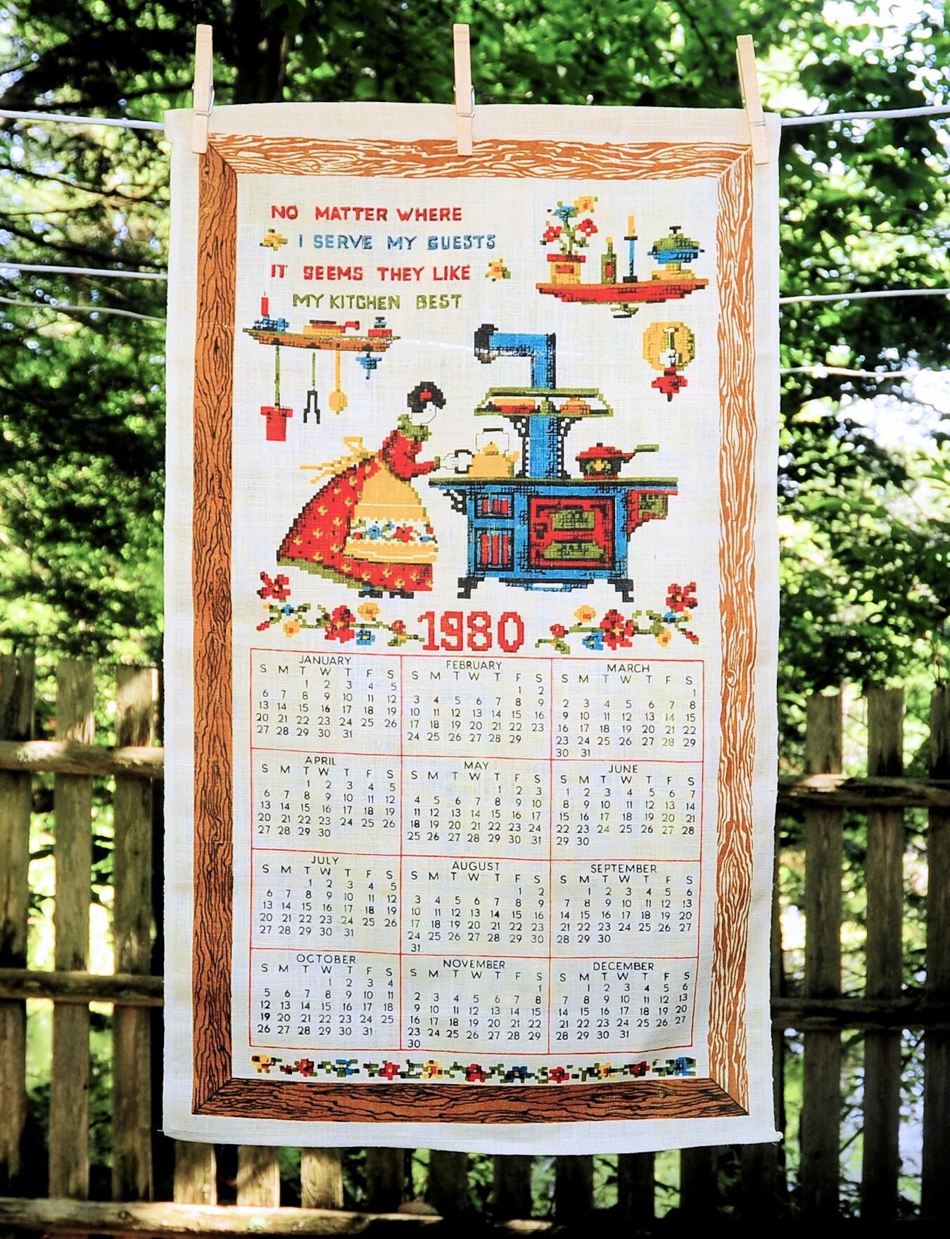 VTG 1980 / Faux Cross Stitch Colonial Calendar Towel / 'guests Like ...