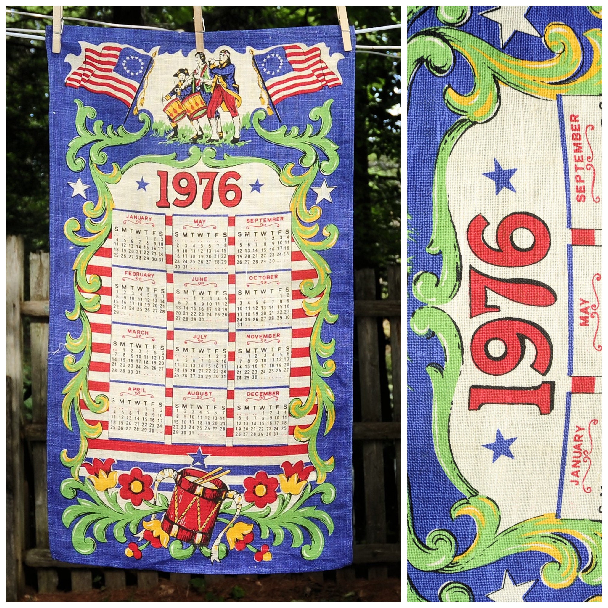 VTG 1976 / Patriotic Colonial Calendar Tea Towel / American Flags ...