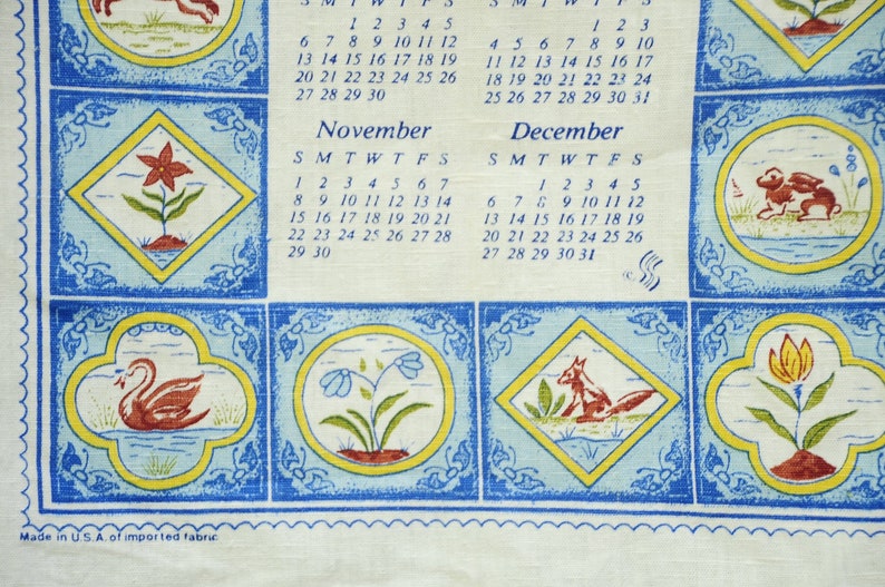 Vintage 1987 Calendar Towel / Blue Decorative Squares With Swan Flowers ...