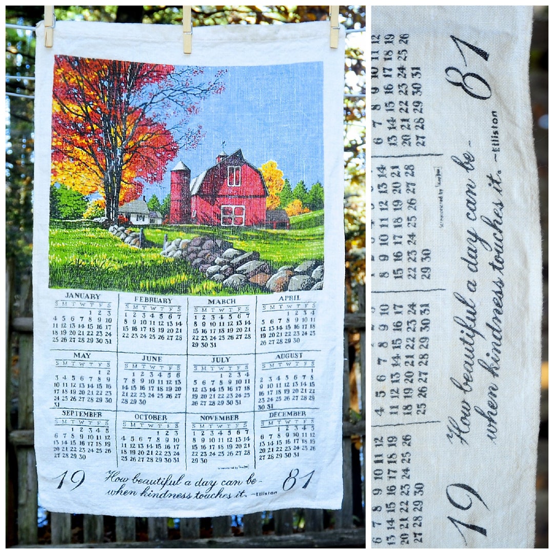 Vintage 1981 / Country Farm Red Barn & Stone Wall Calendar Towel ...