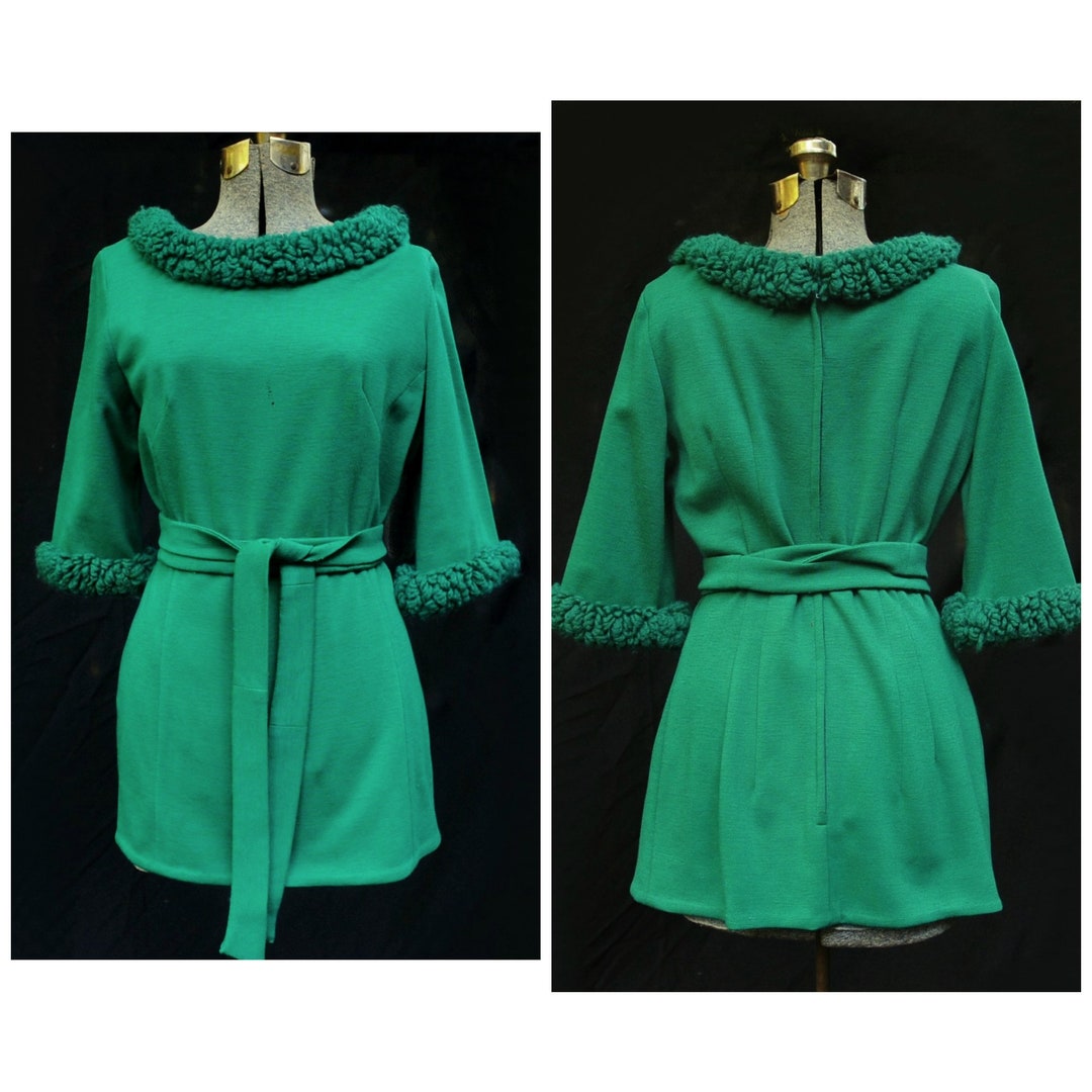 Vintage 60's / Kelly Green Tunic Top / Self Belt / Curly Yarn Neckline ...